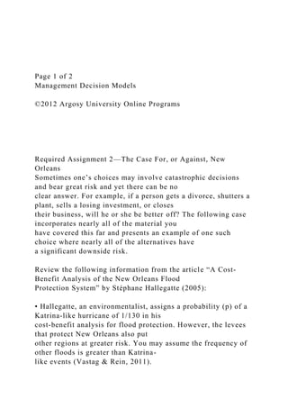 Page 1 of 2 Management Decision Models ©2012 Argosy Univ.docx