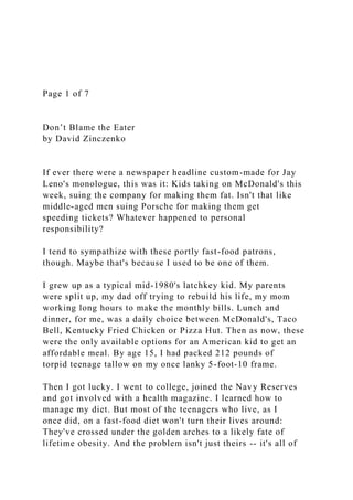 Page 1 of 7 Don’t Blame the Eater by David Zinczenko .docx