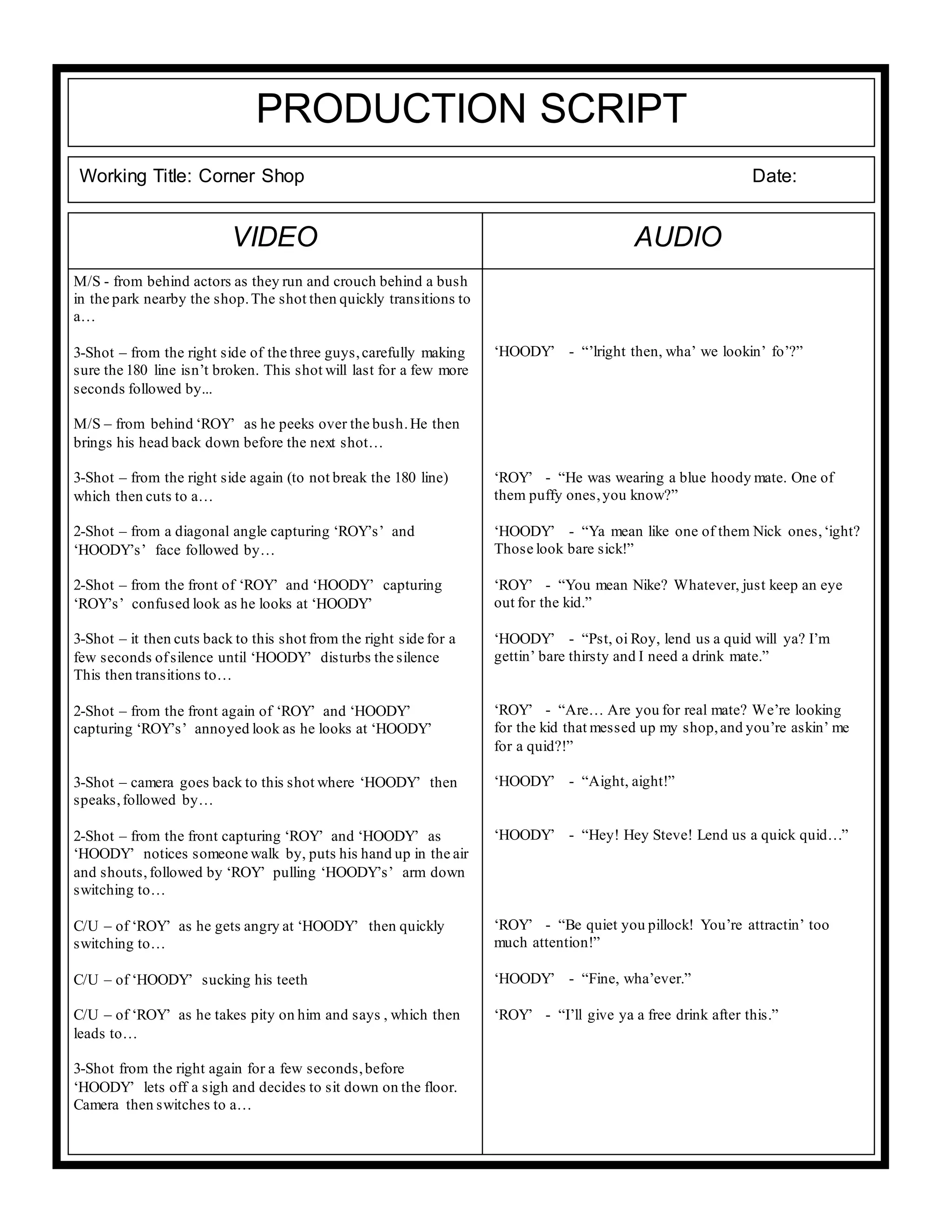 Corner Shop Production Script 1 | DOCX