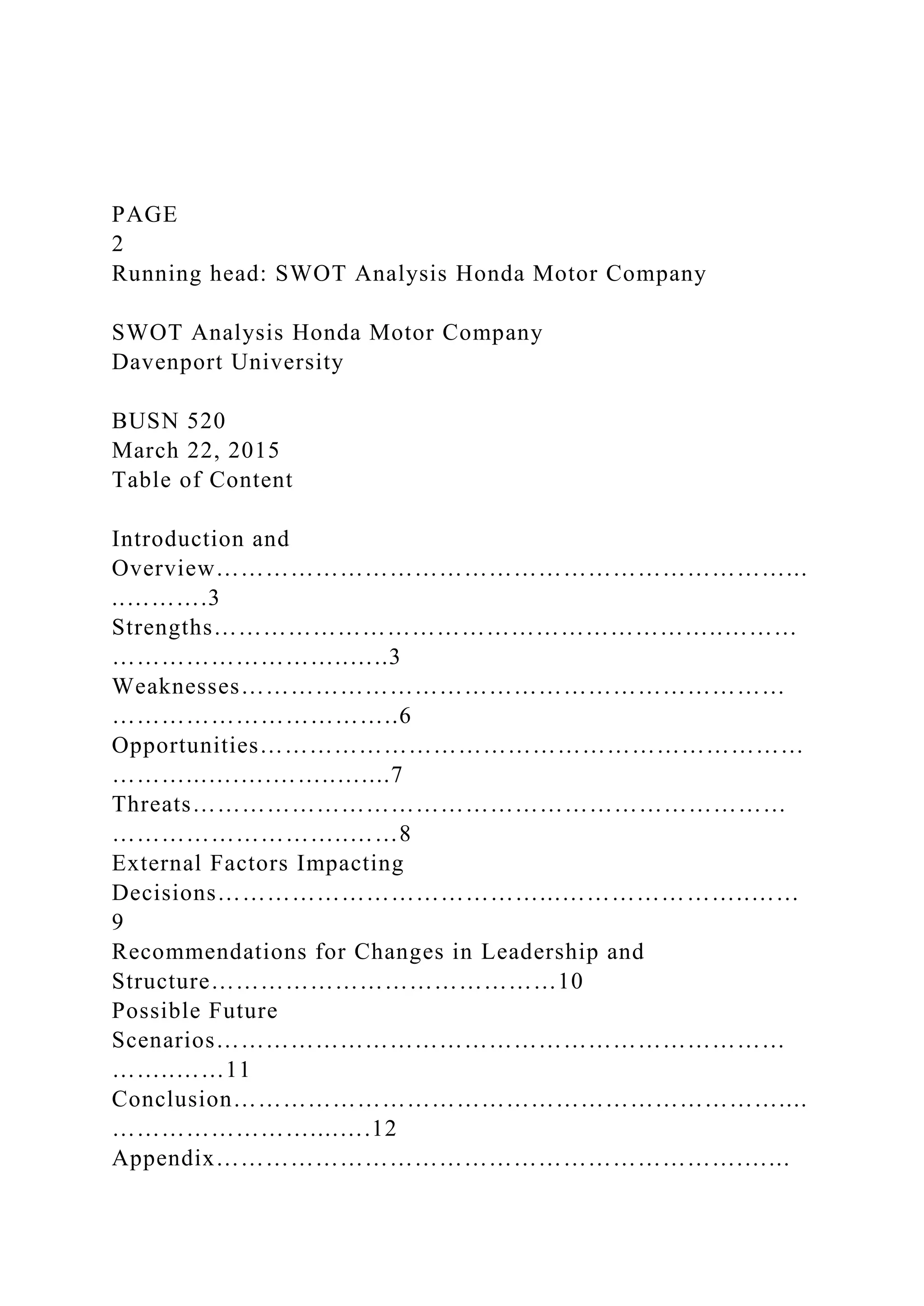PAGE 2Running head SWOT Analysis Honda Motor CompanySW.docx