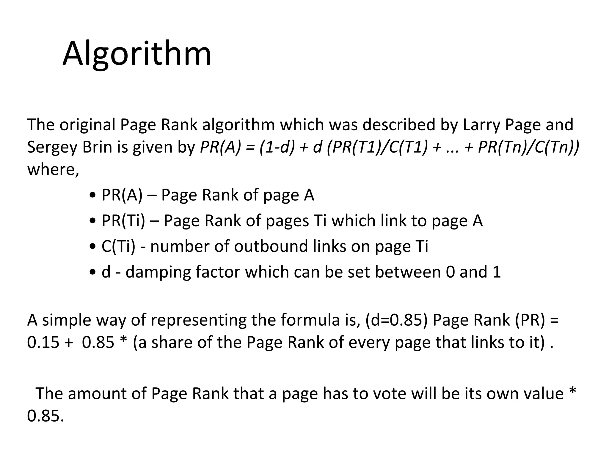 Page rank algortihm | PPTX | Search | Internet
