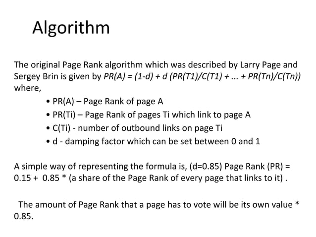 Page rank algortihm | PPTX | Search | Internet