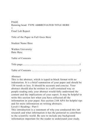 PAGE Running head TYPE ABBREVIATED TITLE HERE 1Final Lab.docx
