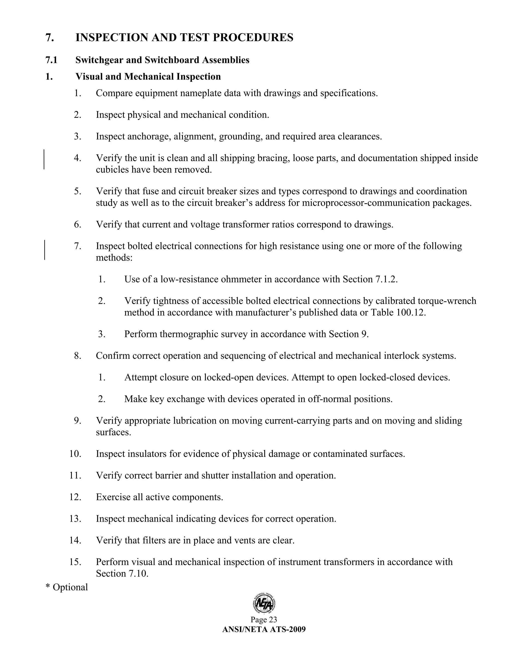 INSPECTION AND TEST PROCEDURES FOR SWITCHGEAR AND SWITCHBOARD | PDF
