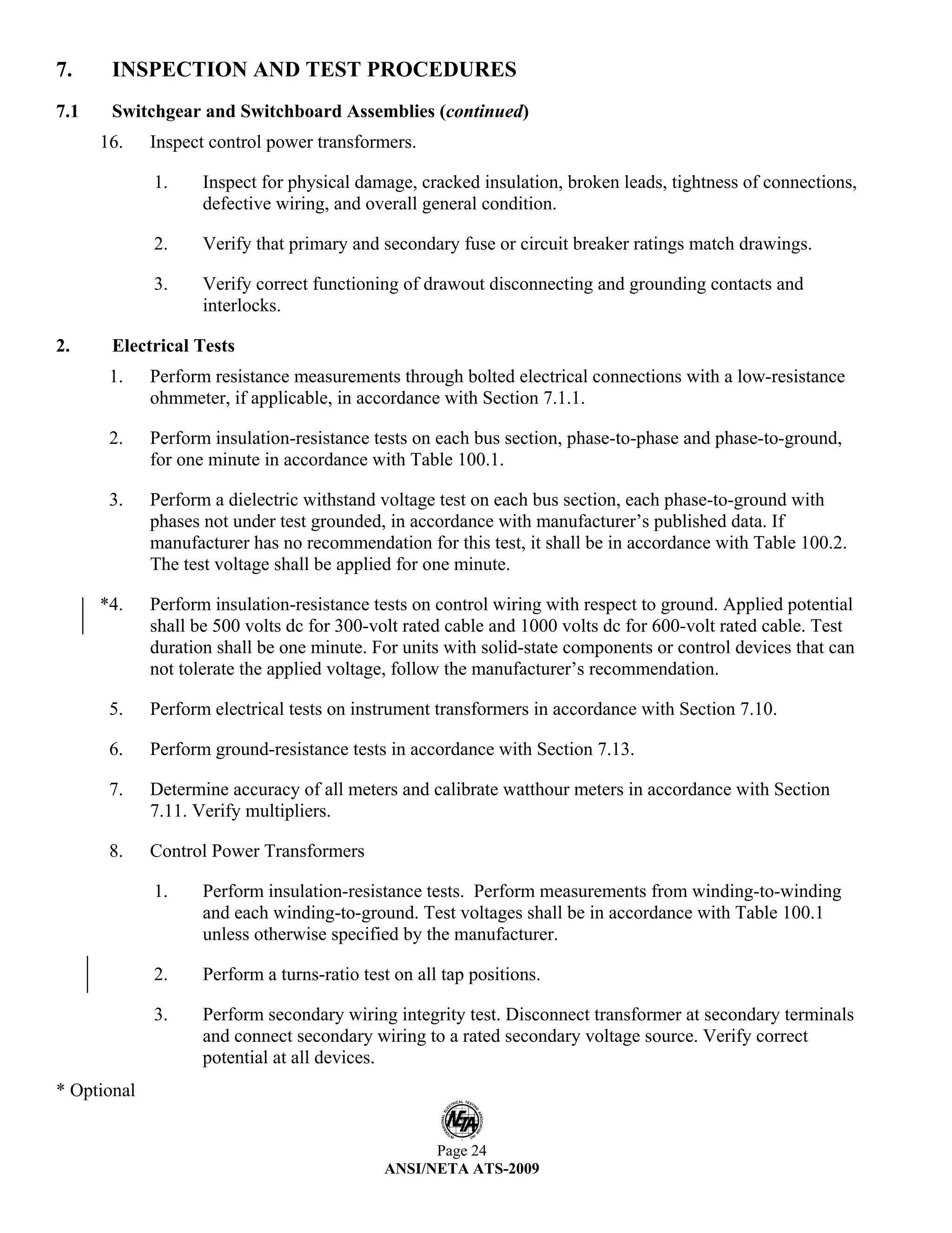 INSPECTION AND TEST PROCEDURES FOR SWITCHGEAR AND SWITCHBOARD | PDF