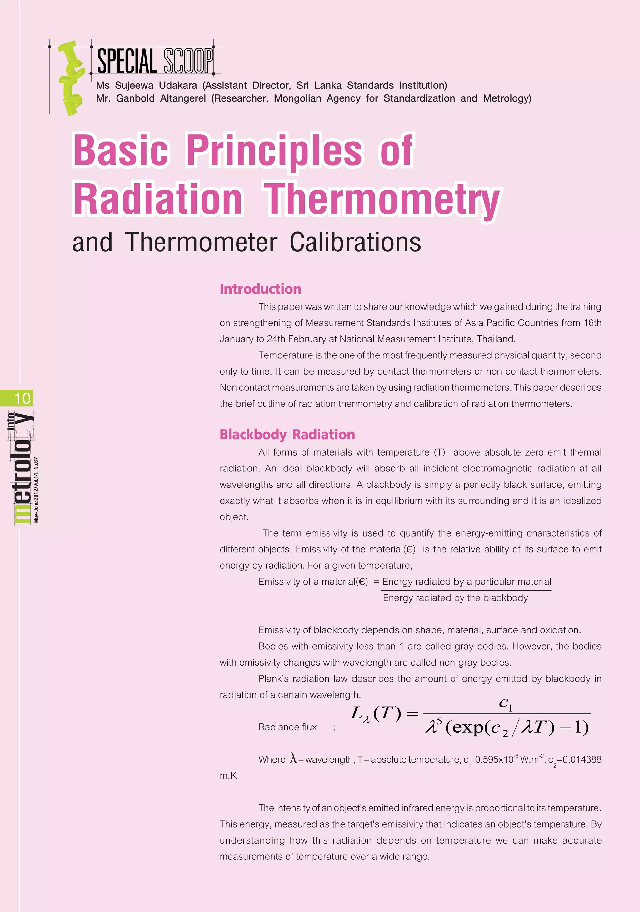 Basic Principles of Radiation Thermometry and Thermometer Calibrations ...