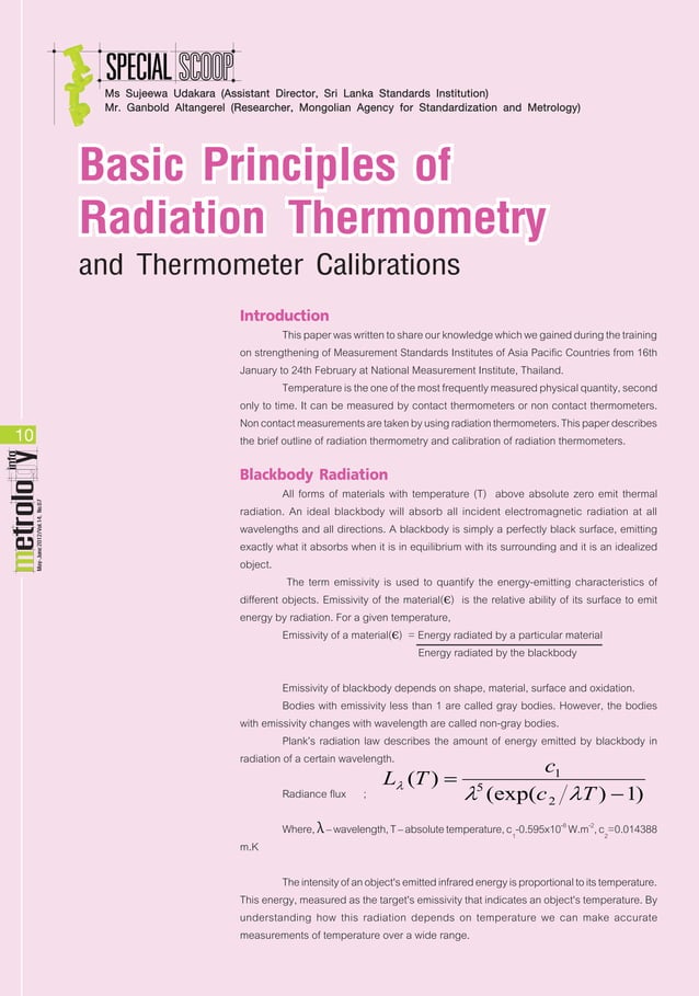 Basic Principles of Radiation Thermometry and Thermometer Calibrations ...