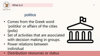 MEANING OF POLITICS, GOVERNMENT AND GOVERNANCE.pptx