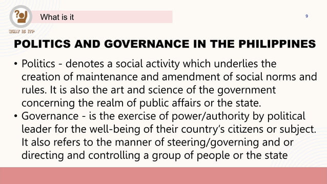 MEANING OF POLITICS, GOVERNMENT AND GOVERNANCE.pptx | Civic affairs ...