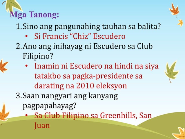 Pagsagot ng mga tanong tungkol sa balitang napakinggan | PPTX
