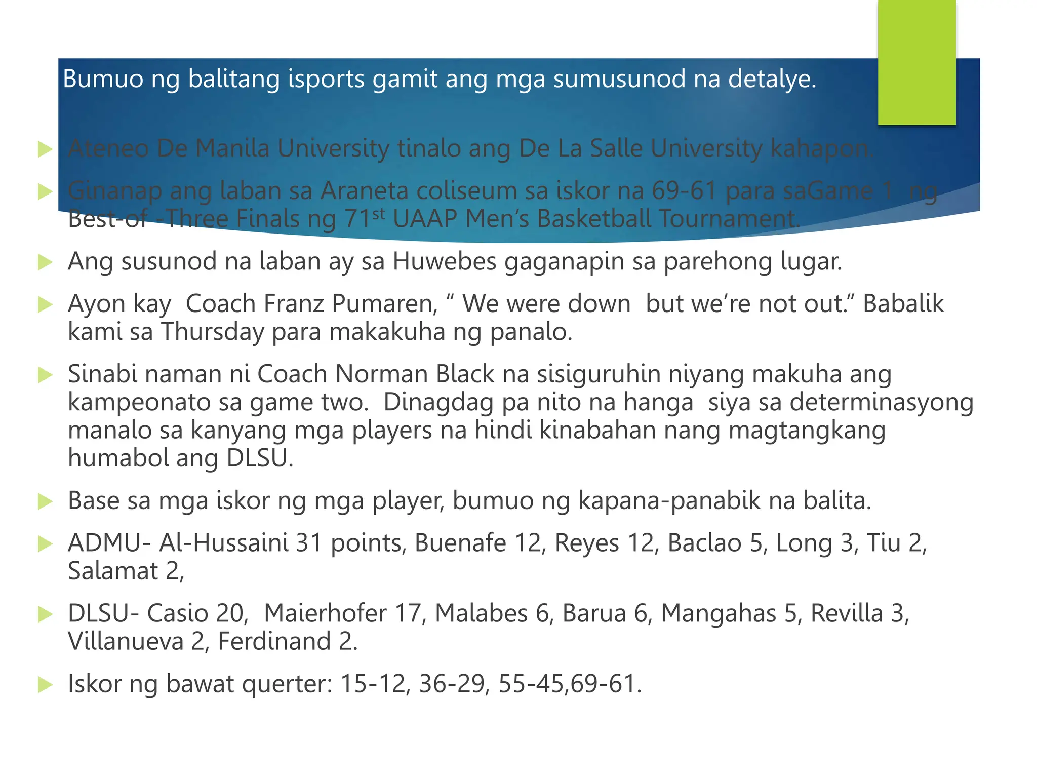 Pagsulat ng balitang Isports para sa mga batang manunulat.ppt