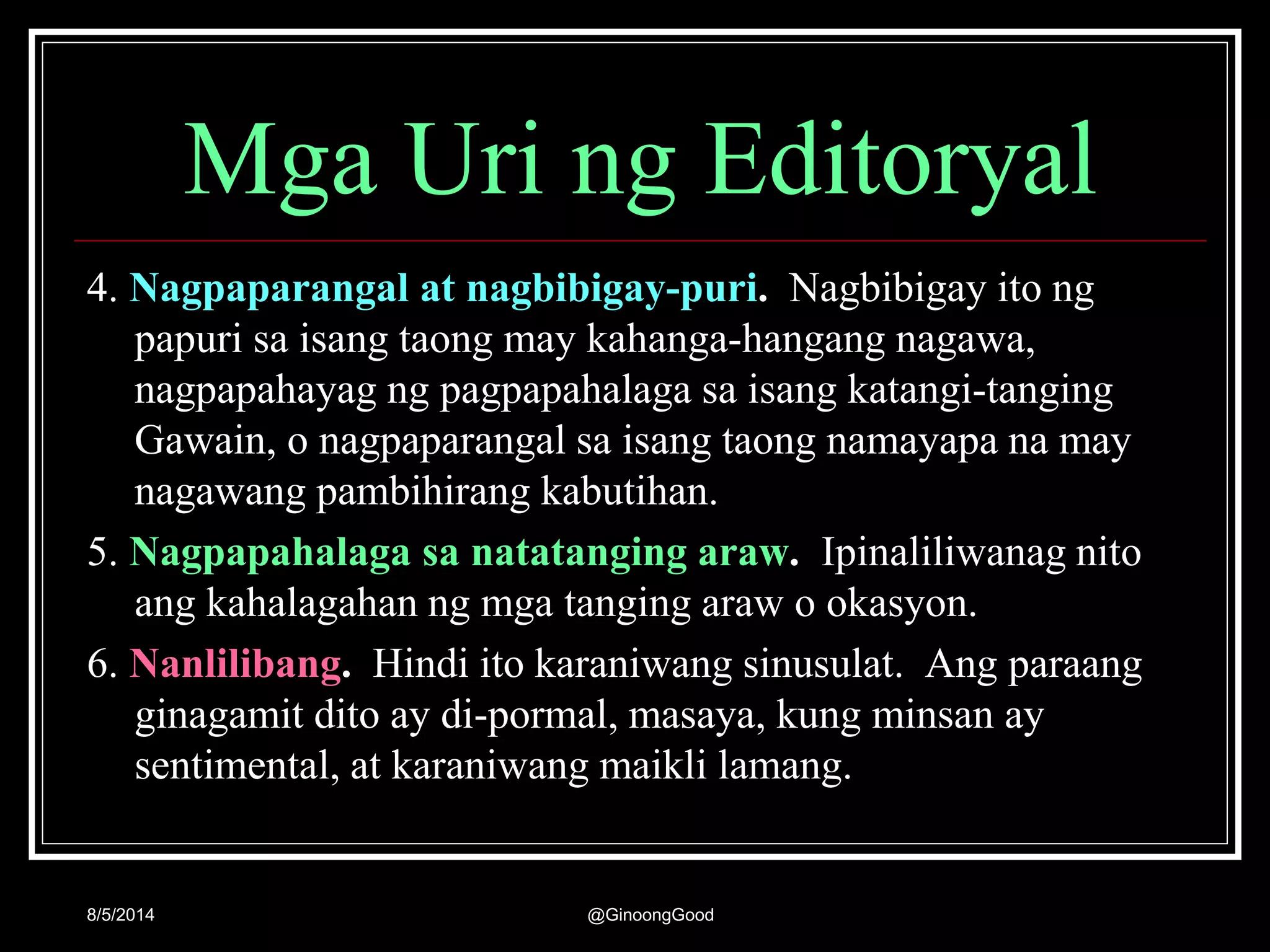 Pagsulat ng Pangulong-tudling (Editorial) | PPTX