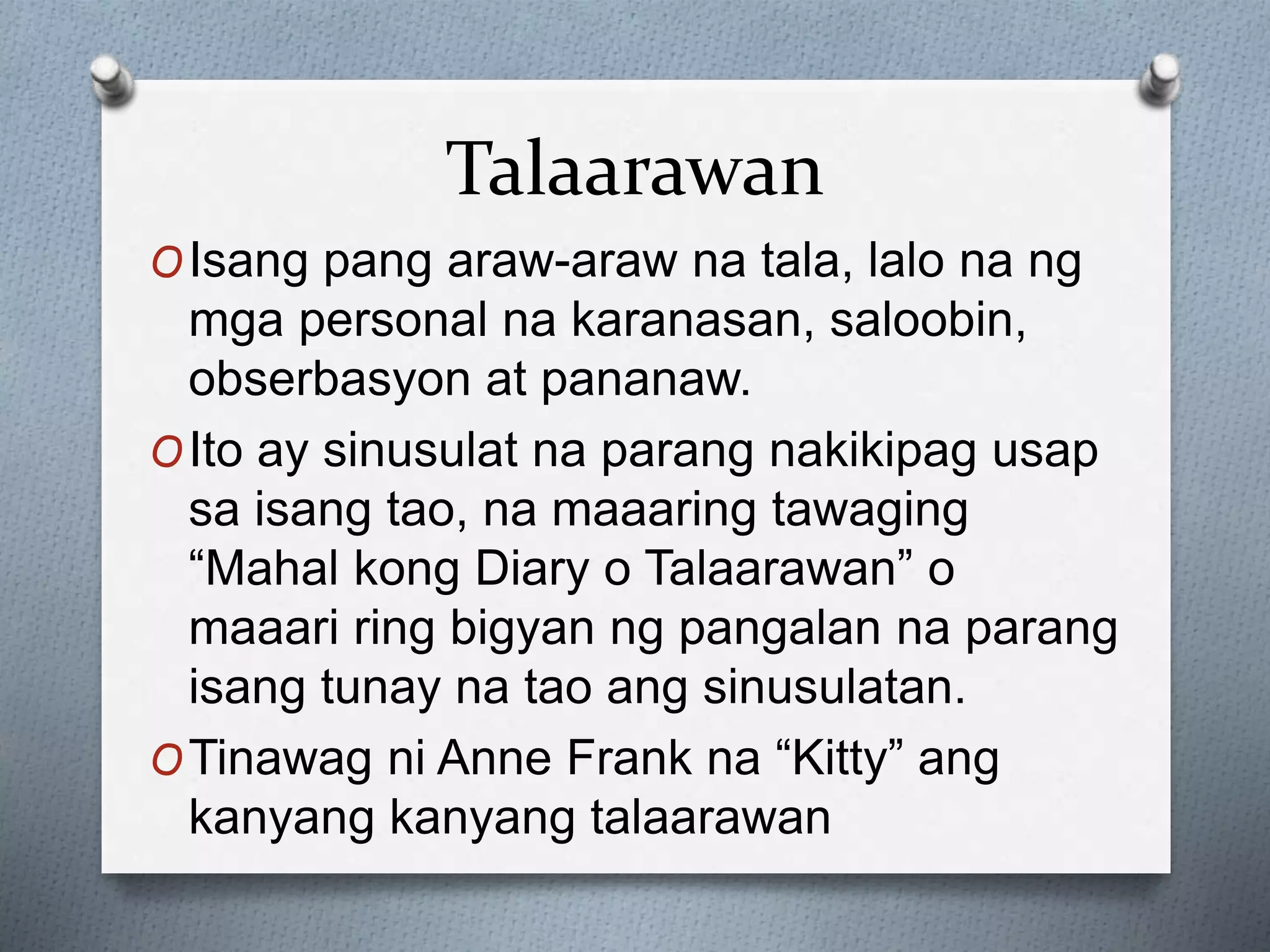 Malikhaing Di Piksyon na Pagsulat ng Talaarawan | PPTX
