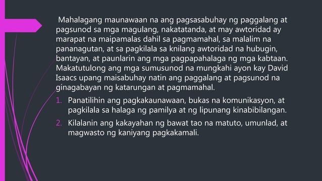 Pagsunod at paggalang sa mga magulang, nakatatanda | PPTX