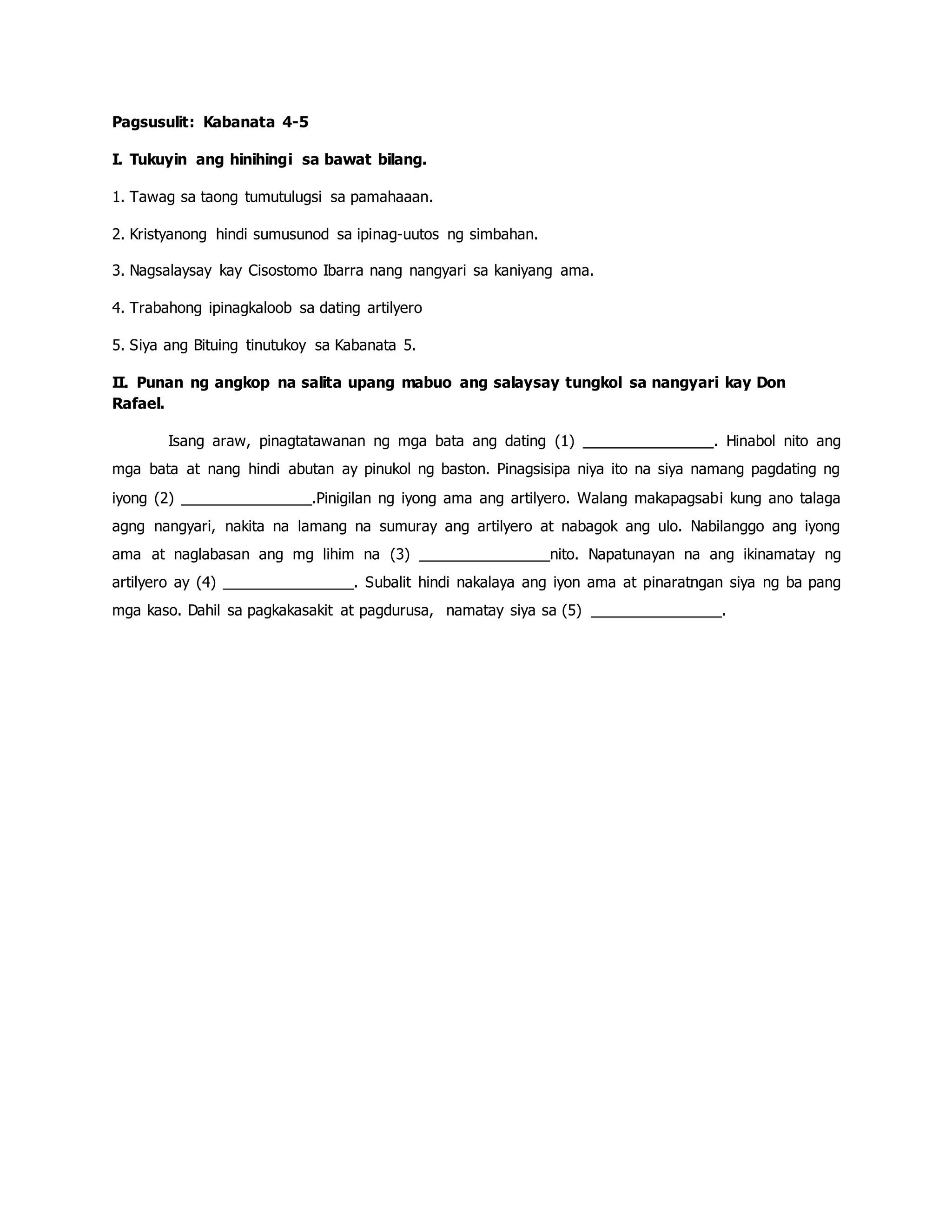 Pagsusulit: Kabanata 1- 11 ng Noli Me Tangere | DOCX