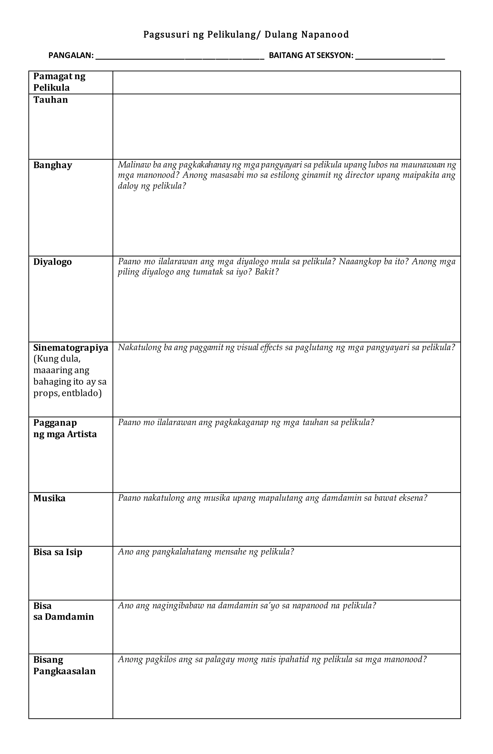 Tempate: Pagsusuri ng Dula/ Pelikula | DOCX