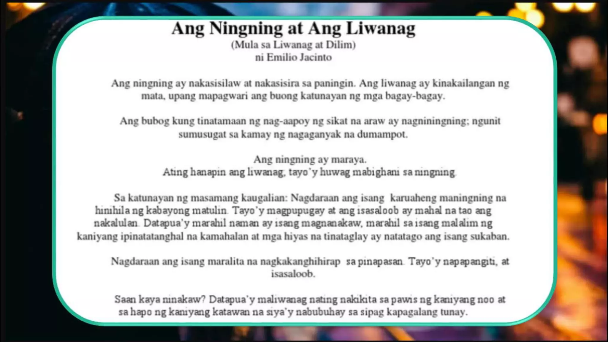 Pagsusuri ng Sanaysay Ang Liwanag at Dilim Talabong Danica V. | PPTX