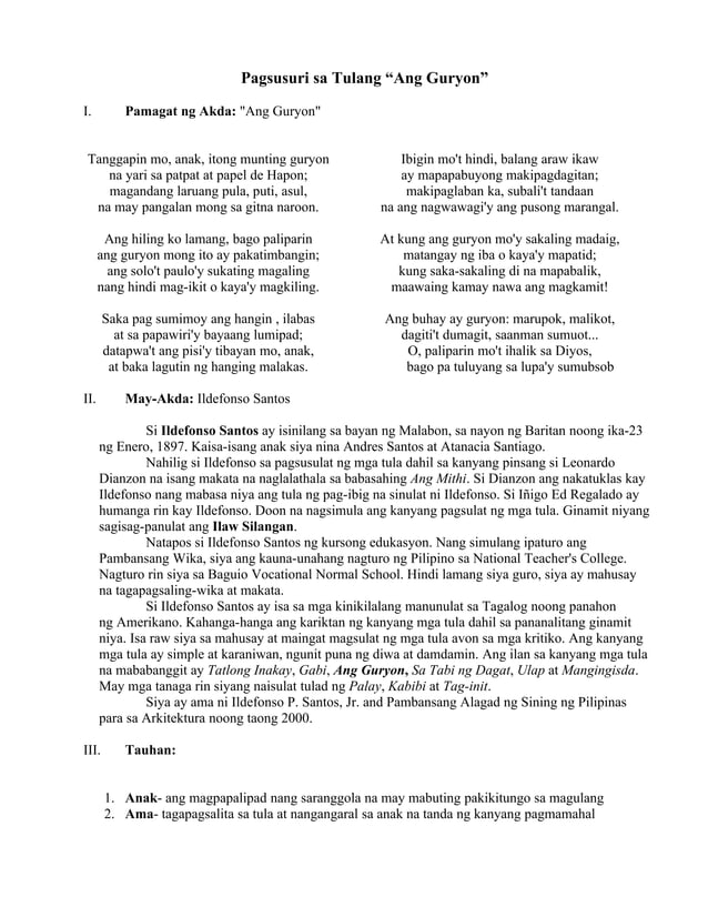 Pagsusuri sa tulang ang guryon | DOC