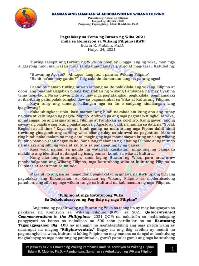 Pagtalakay sa Tema ng Buwan ng Wika 2021 Mula sa Komisyon sa Wikang Filipino KWF) ni Edwin Remo ...