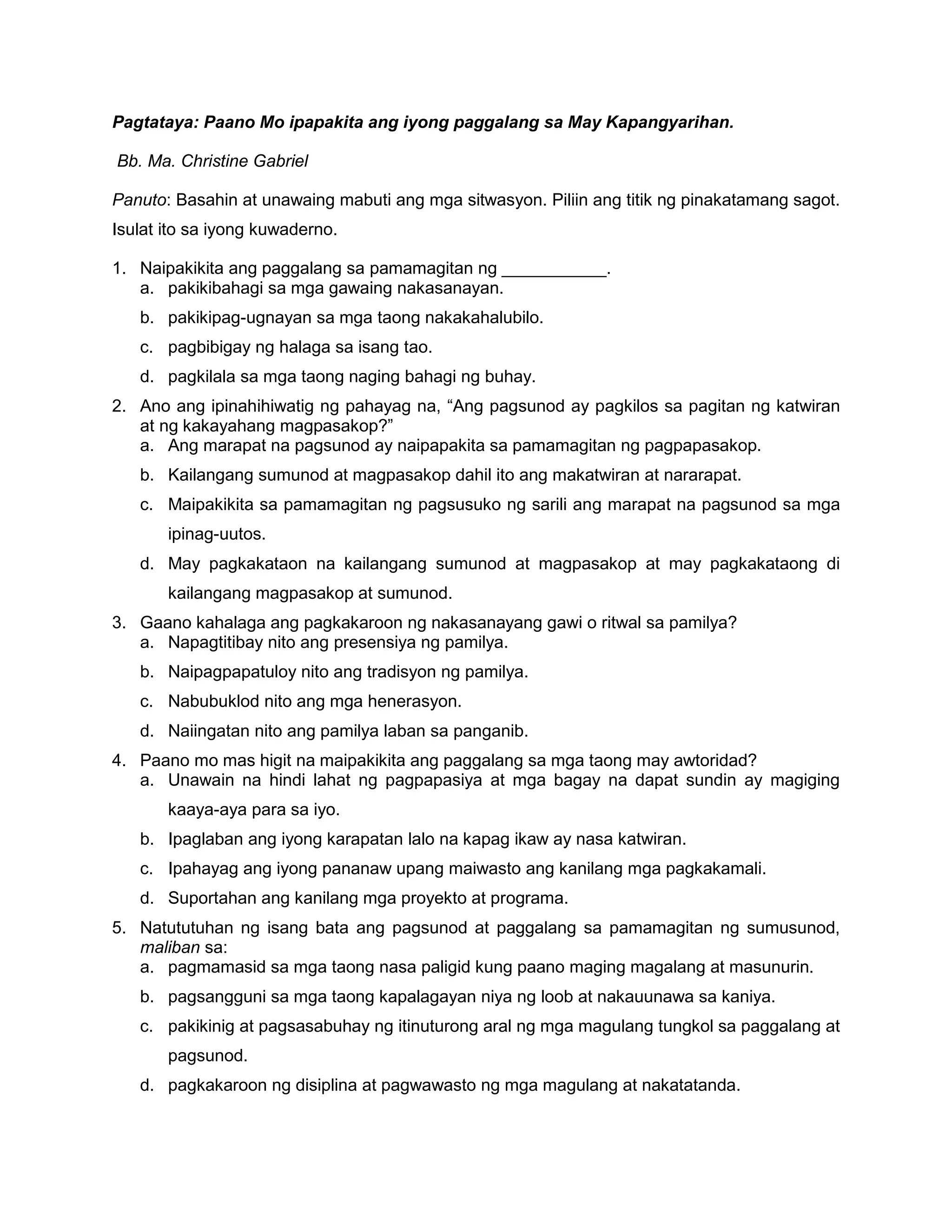 Pagtataya, paano ko ipapakita ang pagalang sa awtoridad | DOCX