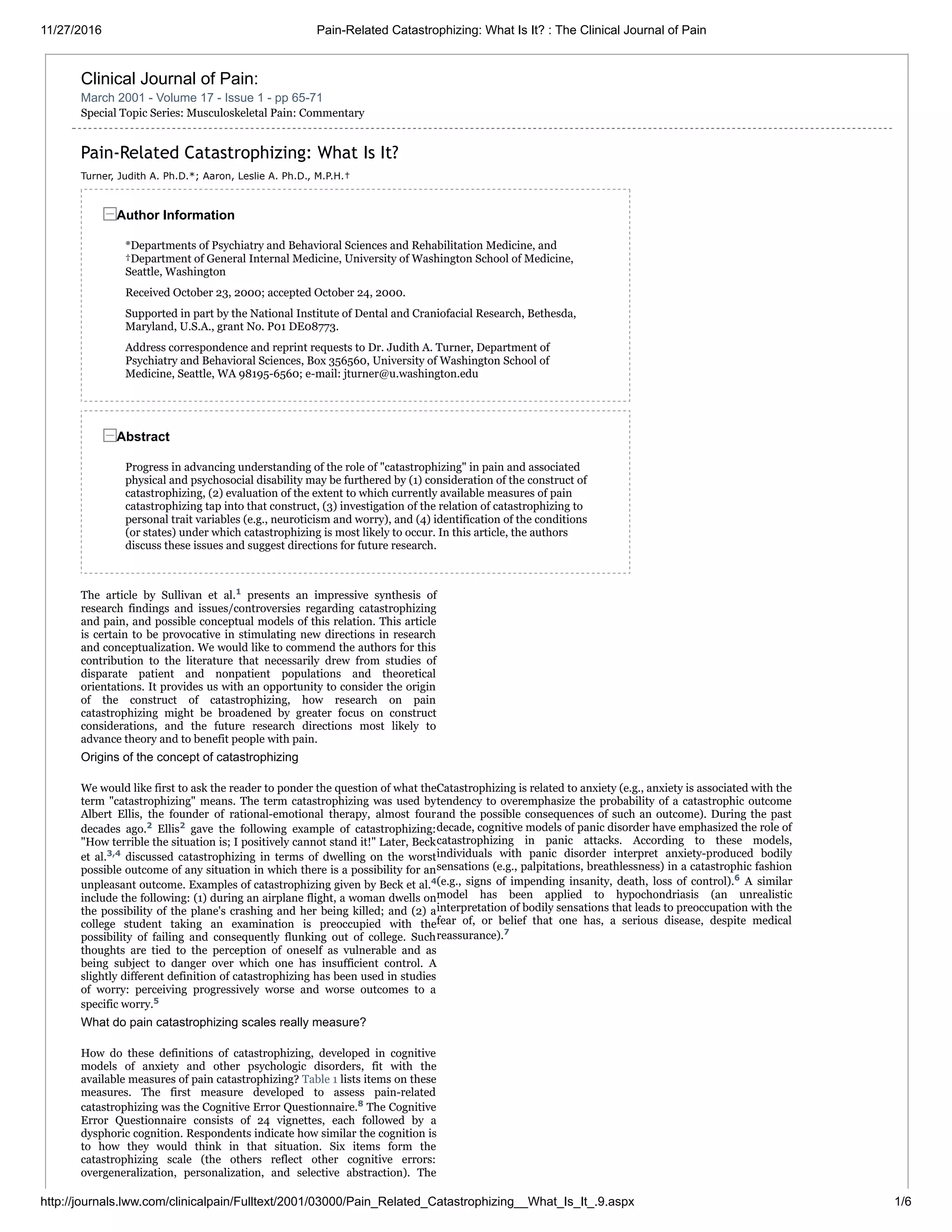 Pain related catastrophizing what is it? Turner | PDF