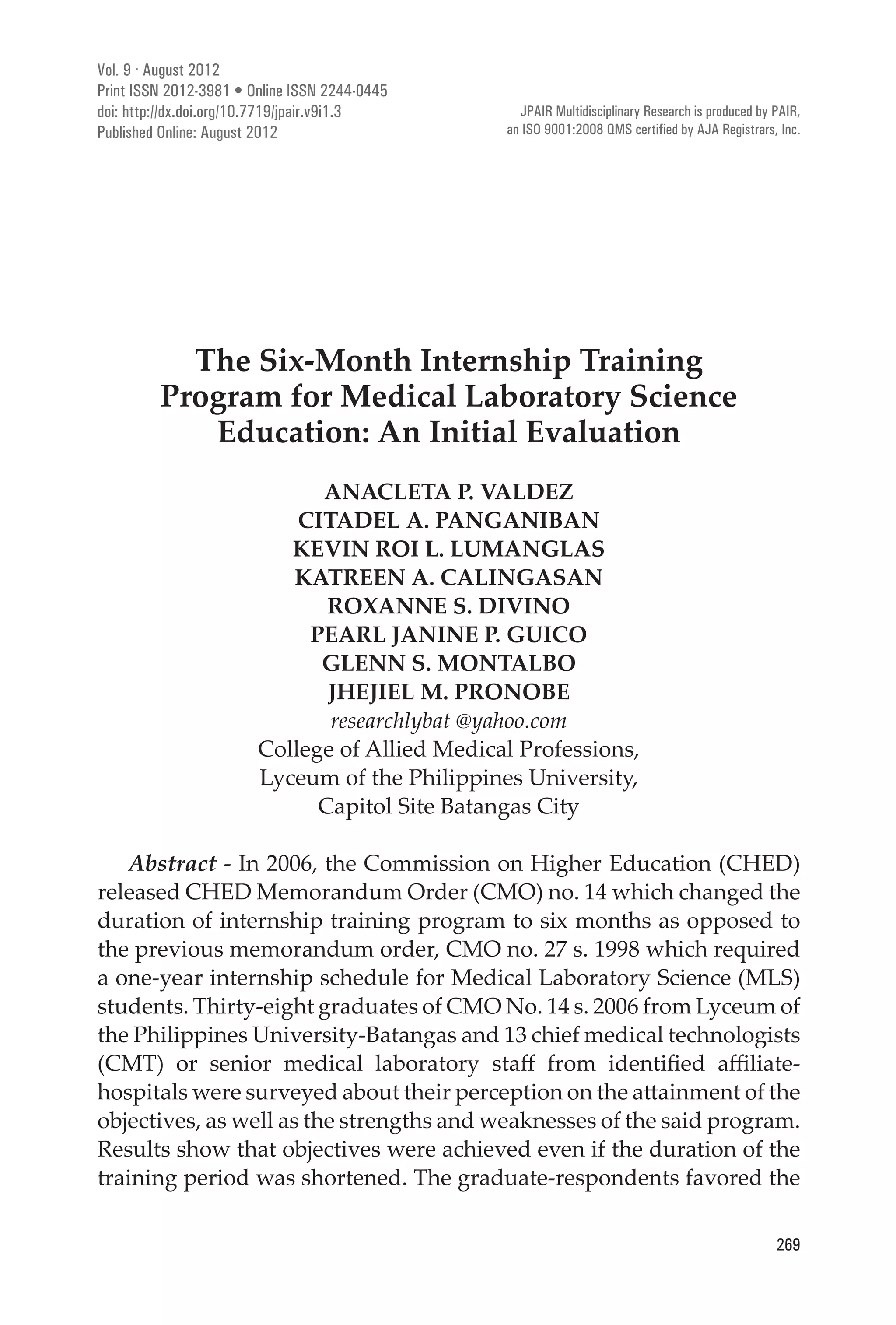 The Six-Month Internship Training Program for Medical Laboratory ...