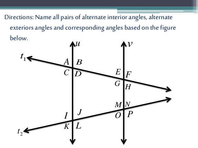 Pairs of angles formed by parallel lines cut by a transversal
