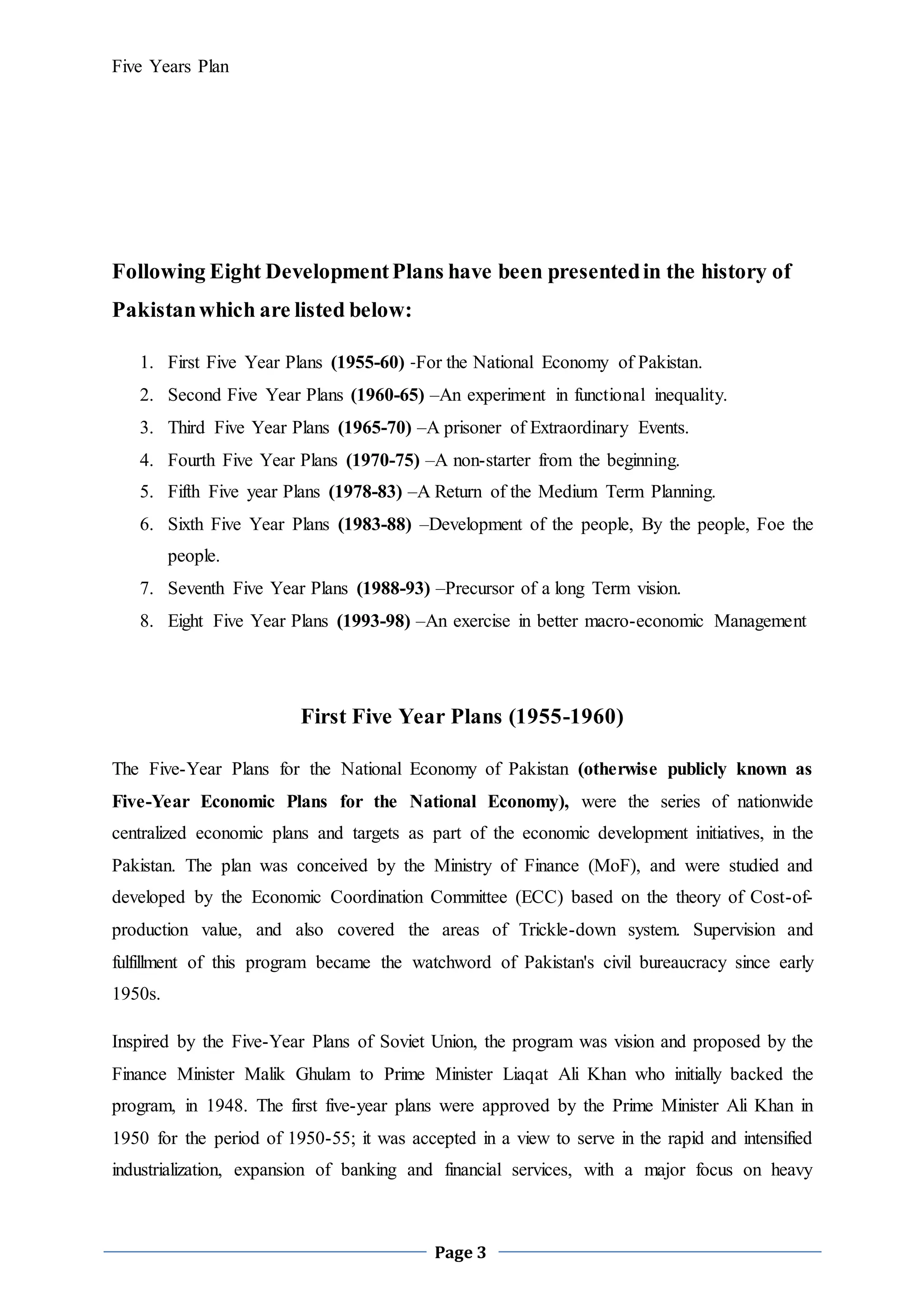 Five Years Plan of Pakistan | DOCX