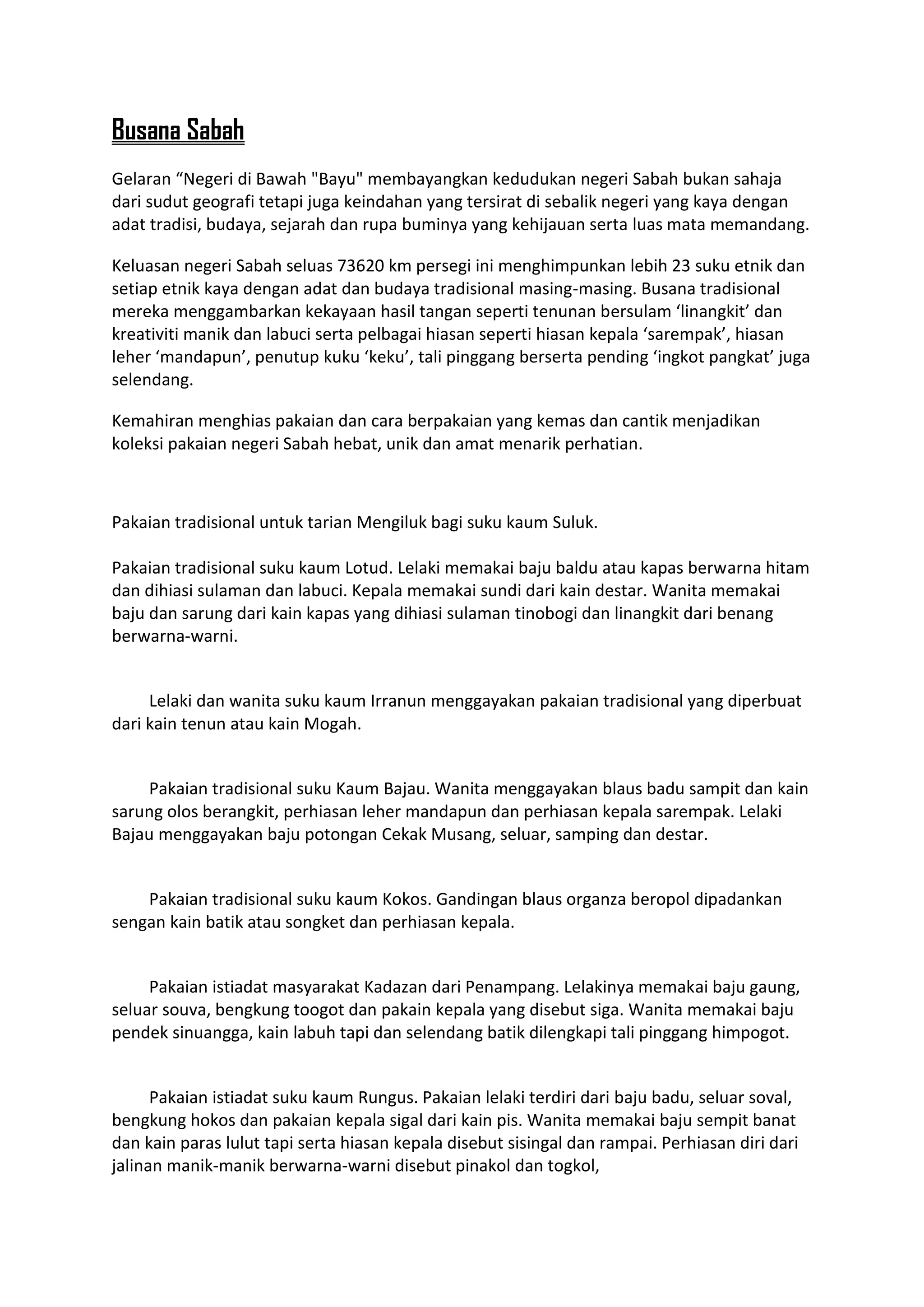 Pakaian kebudayaan kaum(busana sabah) | DOCX