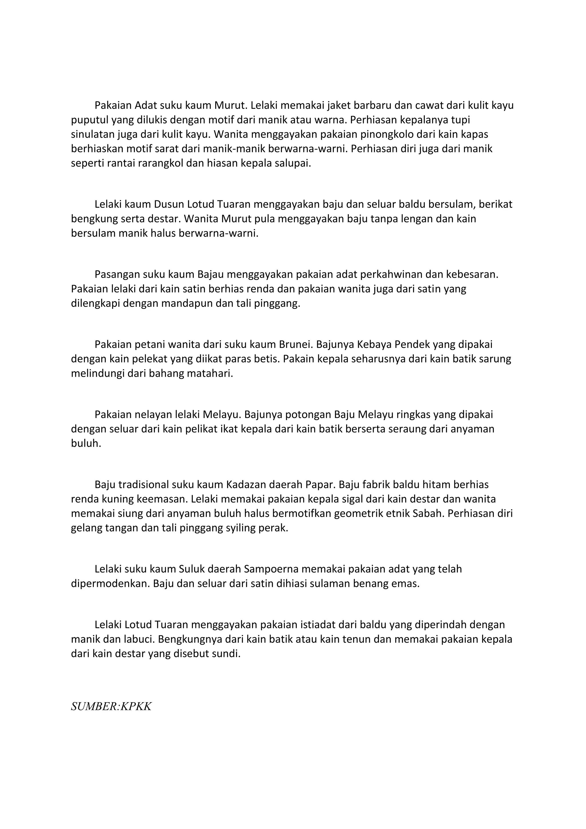 Pakaian kebudayaan kaum(busana sabah) | DOCX