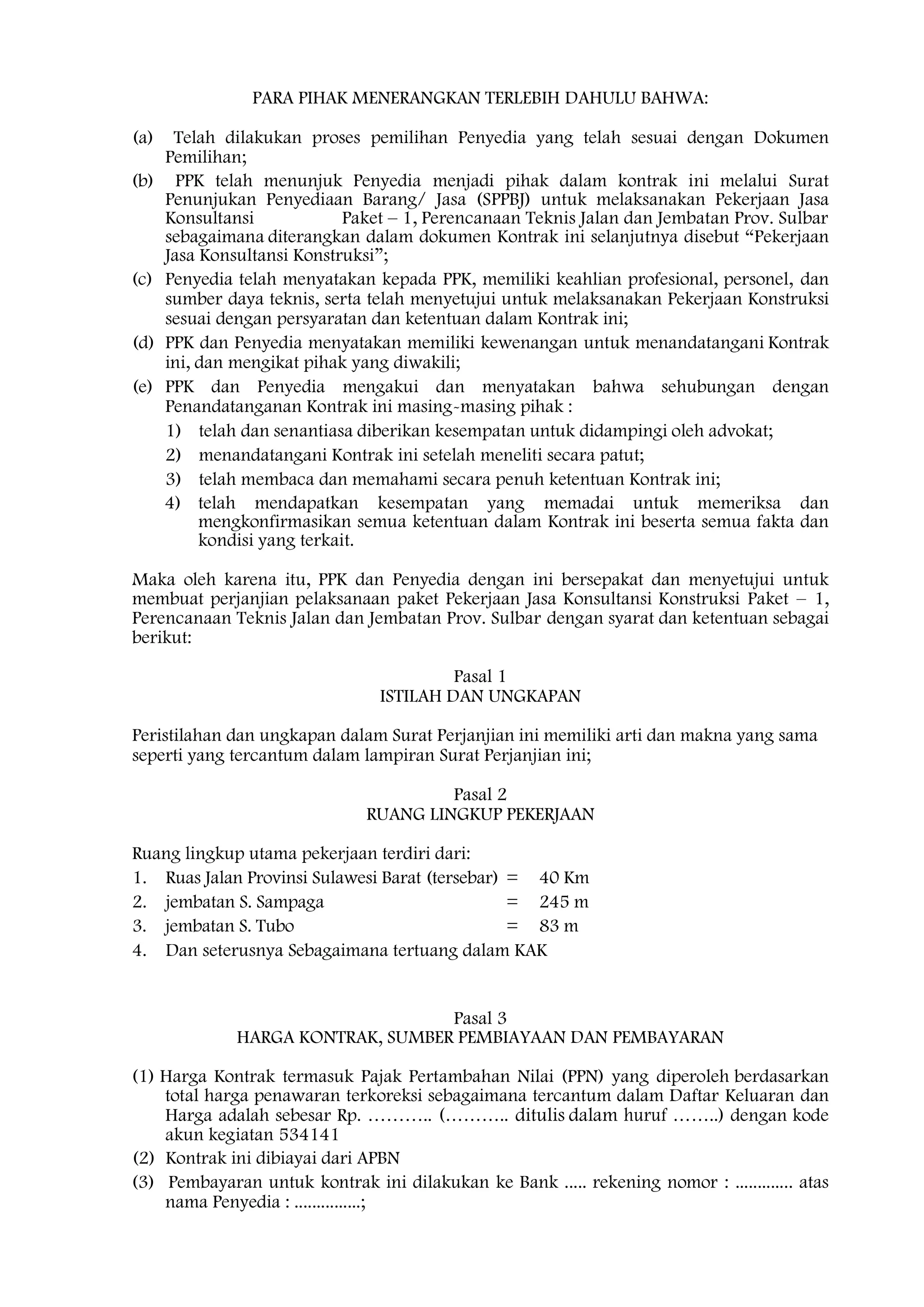 Paket 1 perencanaan teknis jalan dan jembatan prov. sulbar draft kontrak | PDF