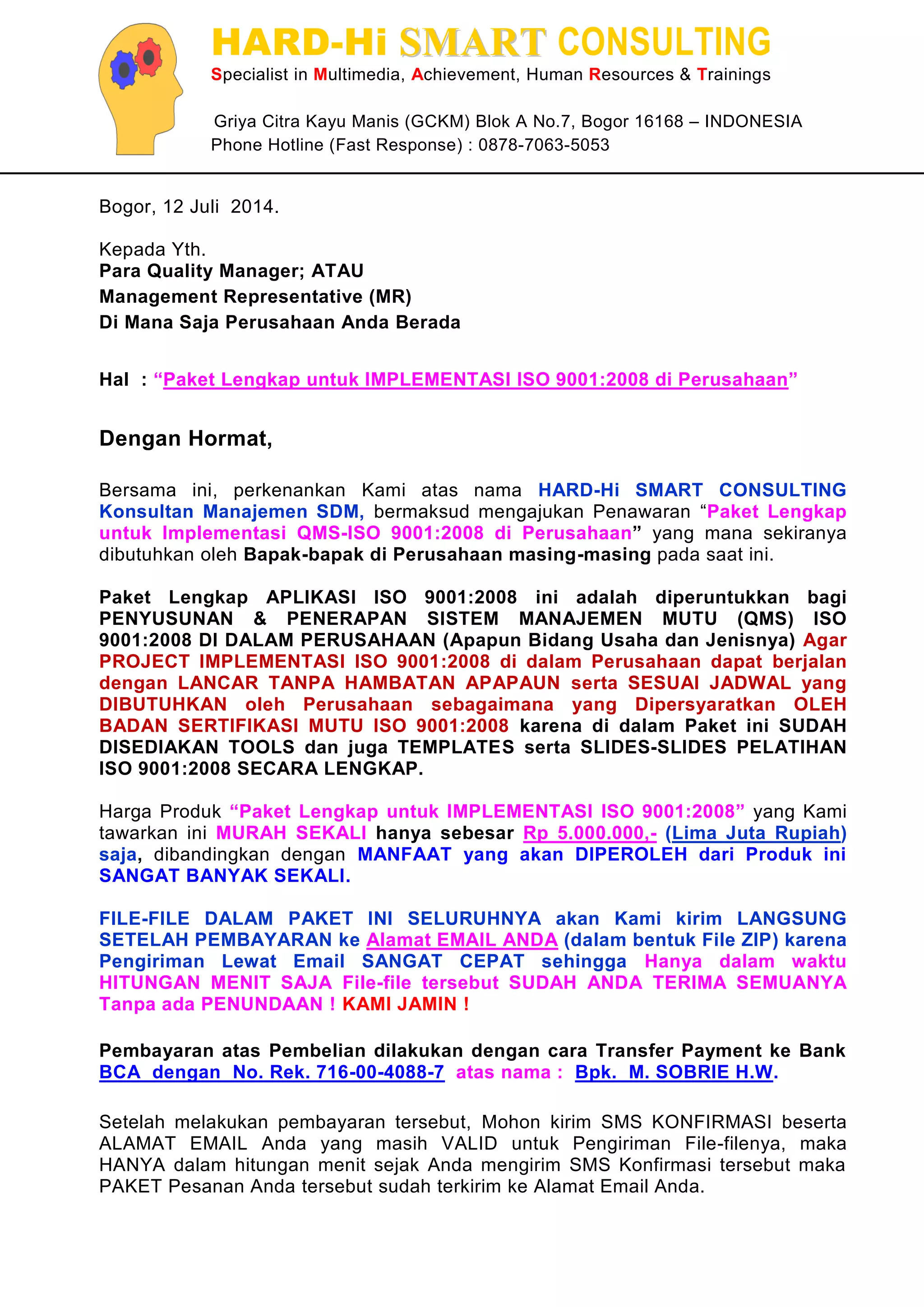 CONTOH / TEMPLATE LENGKAP ISO 9001 untuk Perusahaan | PDF