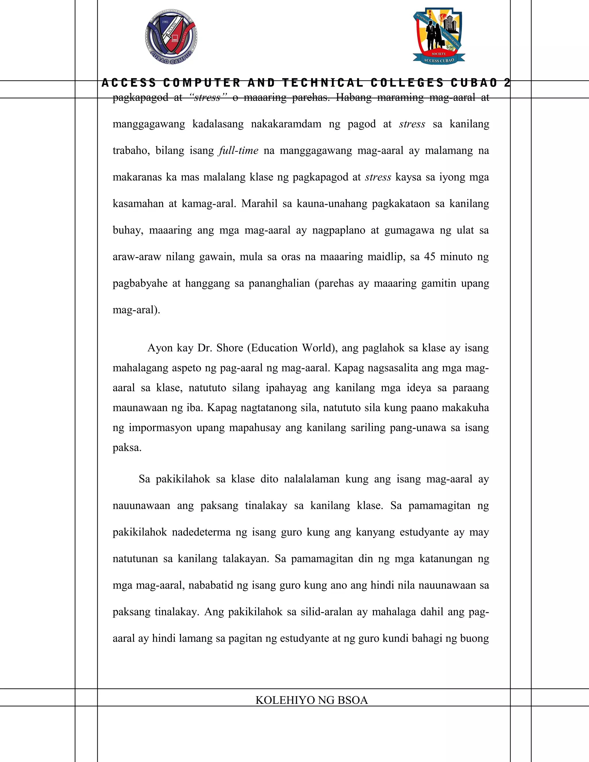 Mga Epekto sa Pakikilahok sa Klase ng mga Manggagawang Mag-aaral | DOC