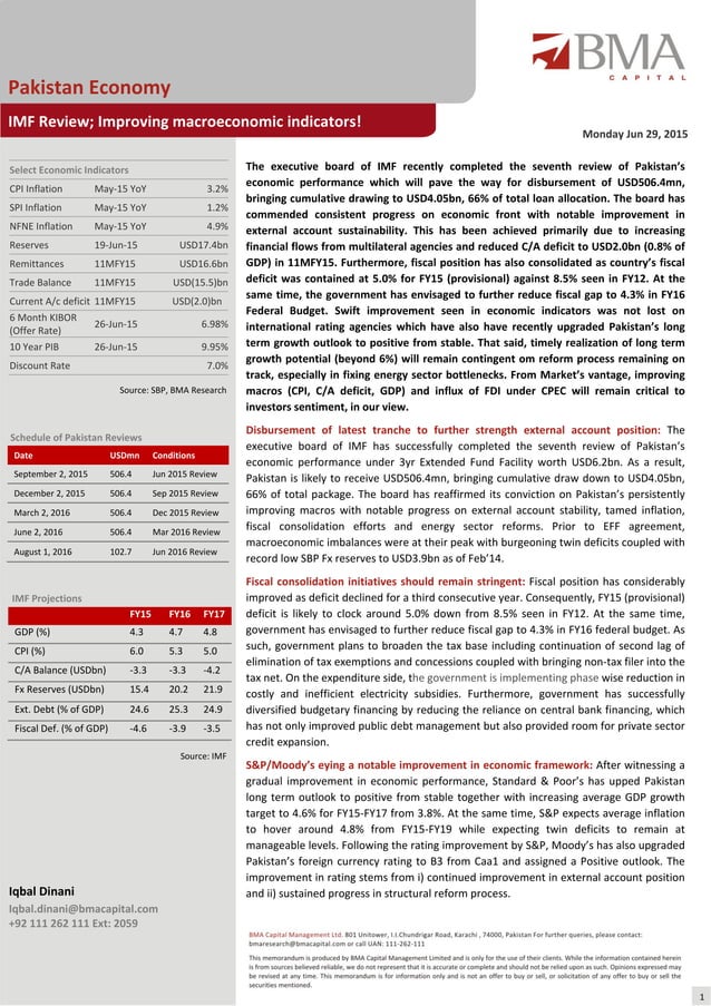 BMA Capital - Pakistan economy imf review improving macroeconomic indicators! | PDF
