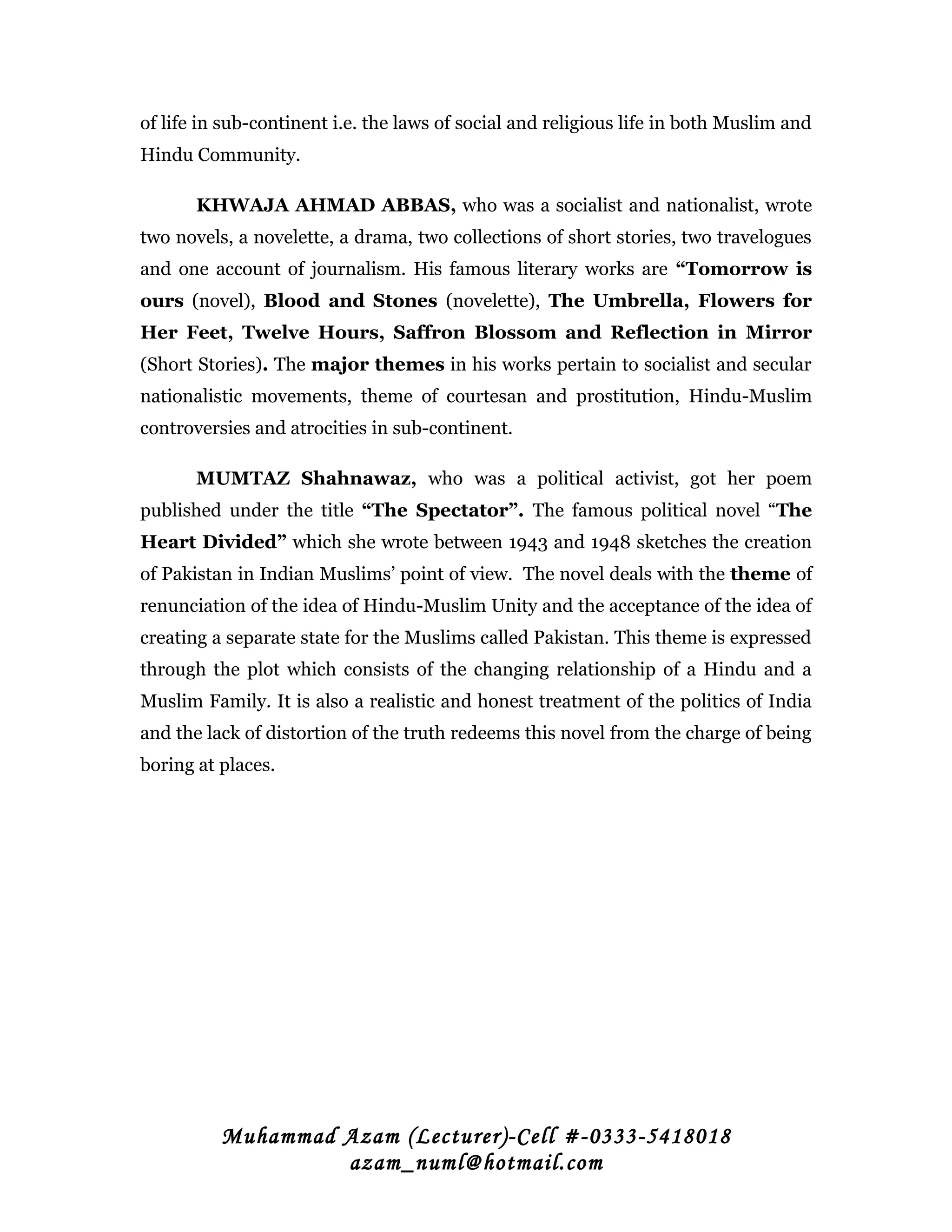 PAKISTANI LITERATURE IN ENGLISH BY MUHAMMAD AZAM, LECTURER, F G SCIENCE ...