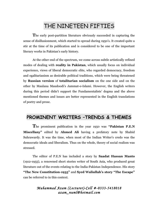 PAKISTANI LITERATURE IN ENGLISH BY MUHAMMAD AZAM, LECTURER, F G SCIENCE ...