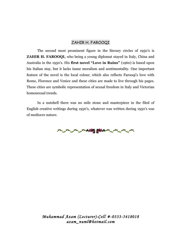 PAKISTANI LITERATURE IN ENGLISH BY MUHAMMAD AZAM, LECTURER, F G SCIENCE ...