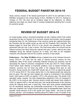 Pakistan’s federal budget summary 2014 15 (Macro-Economics,Iqra ...