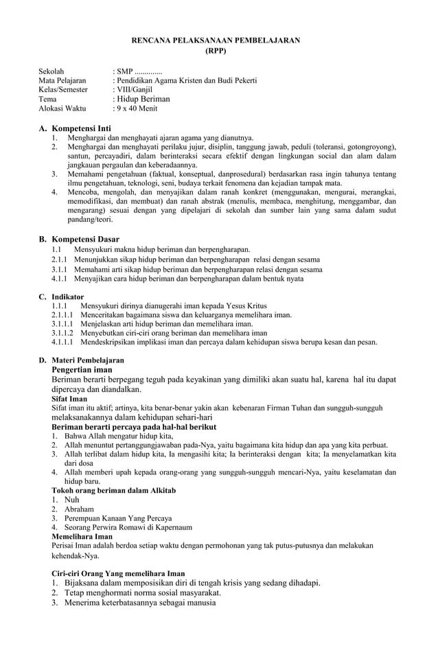 RPP Pendidikan Agama Kristen (PAK) SMP Kelas VIII | PDF