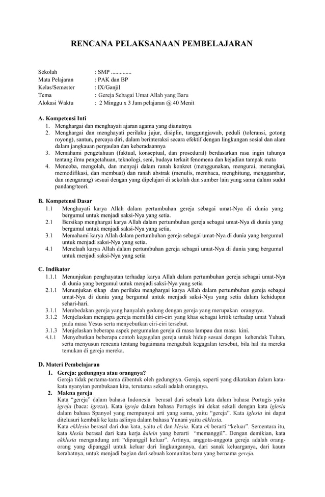RPP Pendidikan Agama Kristen (PAK) SMP Kelas IX | PDF