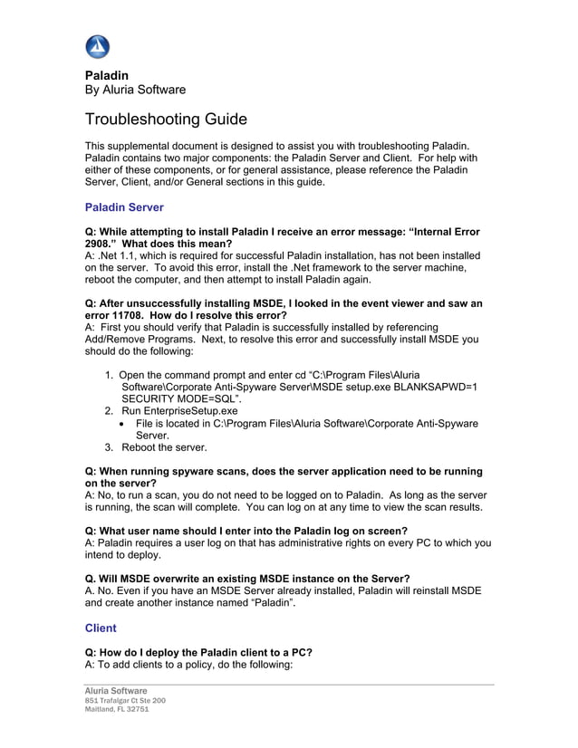 Paladin Troubleshooting Guide | PDF