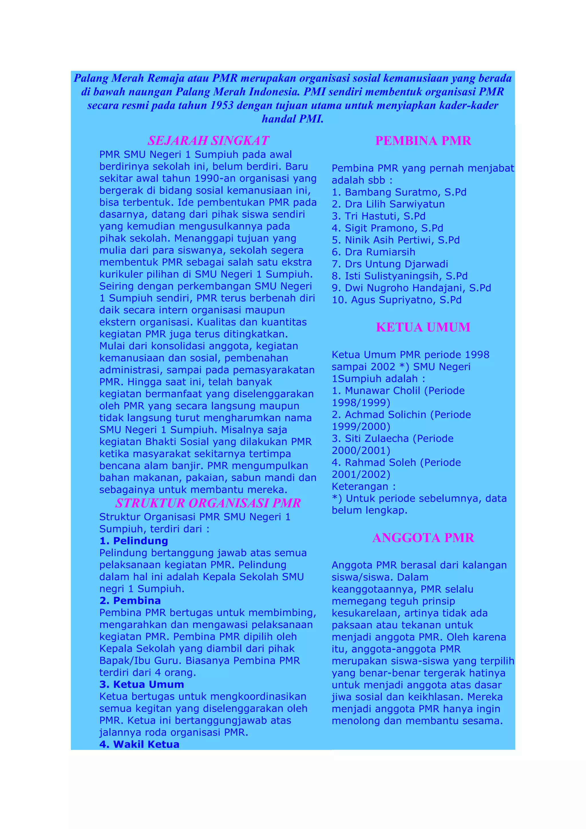 Palang merah remaja atau pmr merupakan organisasi sosial kemanusiaan ...