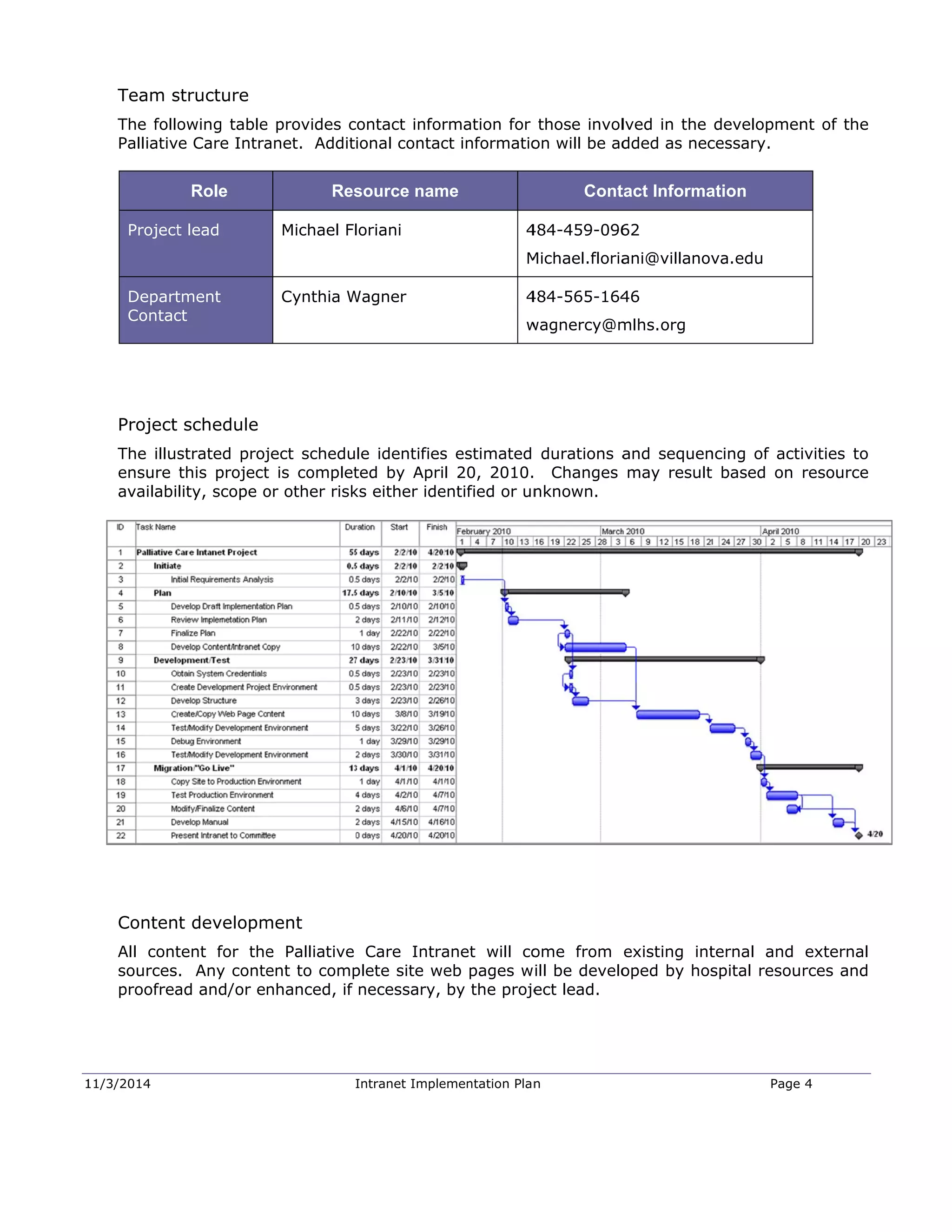 Palliative Care Intranet project plan | PDF
