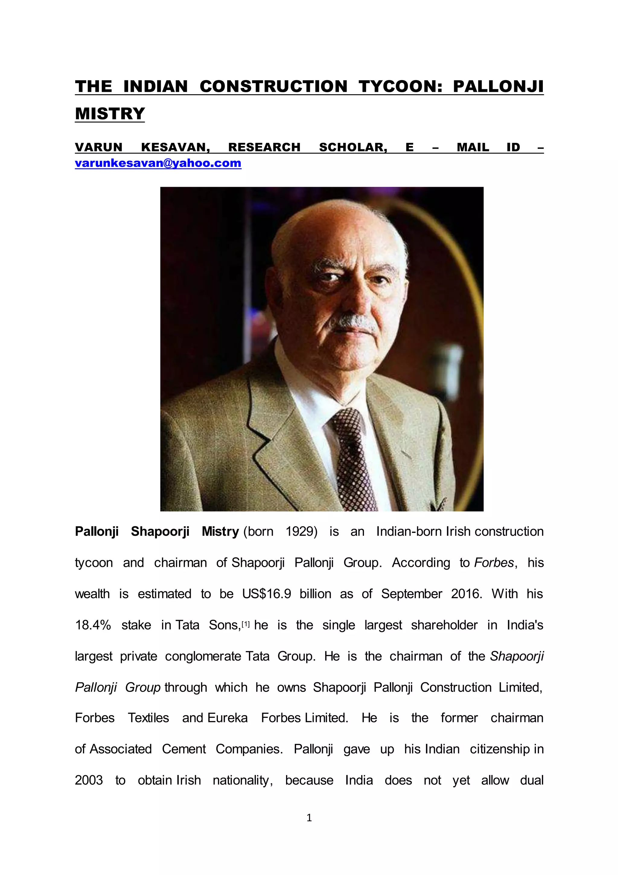 THE INDIAN CONSTRUCTION TYCOON: PALLONJI MISTRY | DOCX