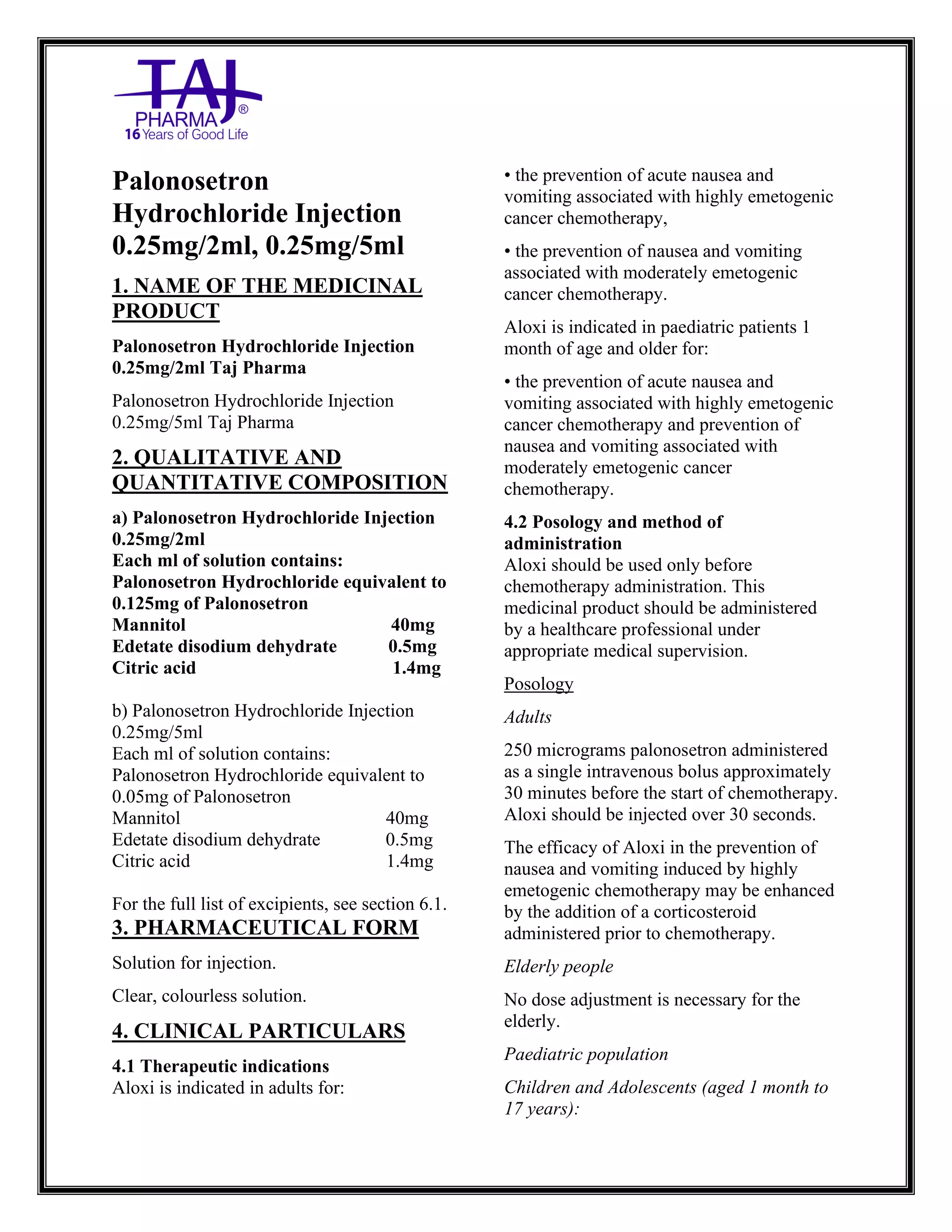 Palonosetron Hydrochloride Injection Taj Pharma SmPC | PDF