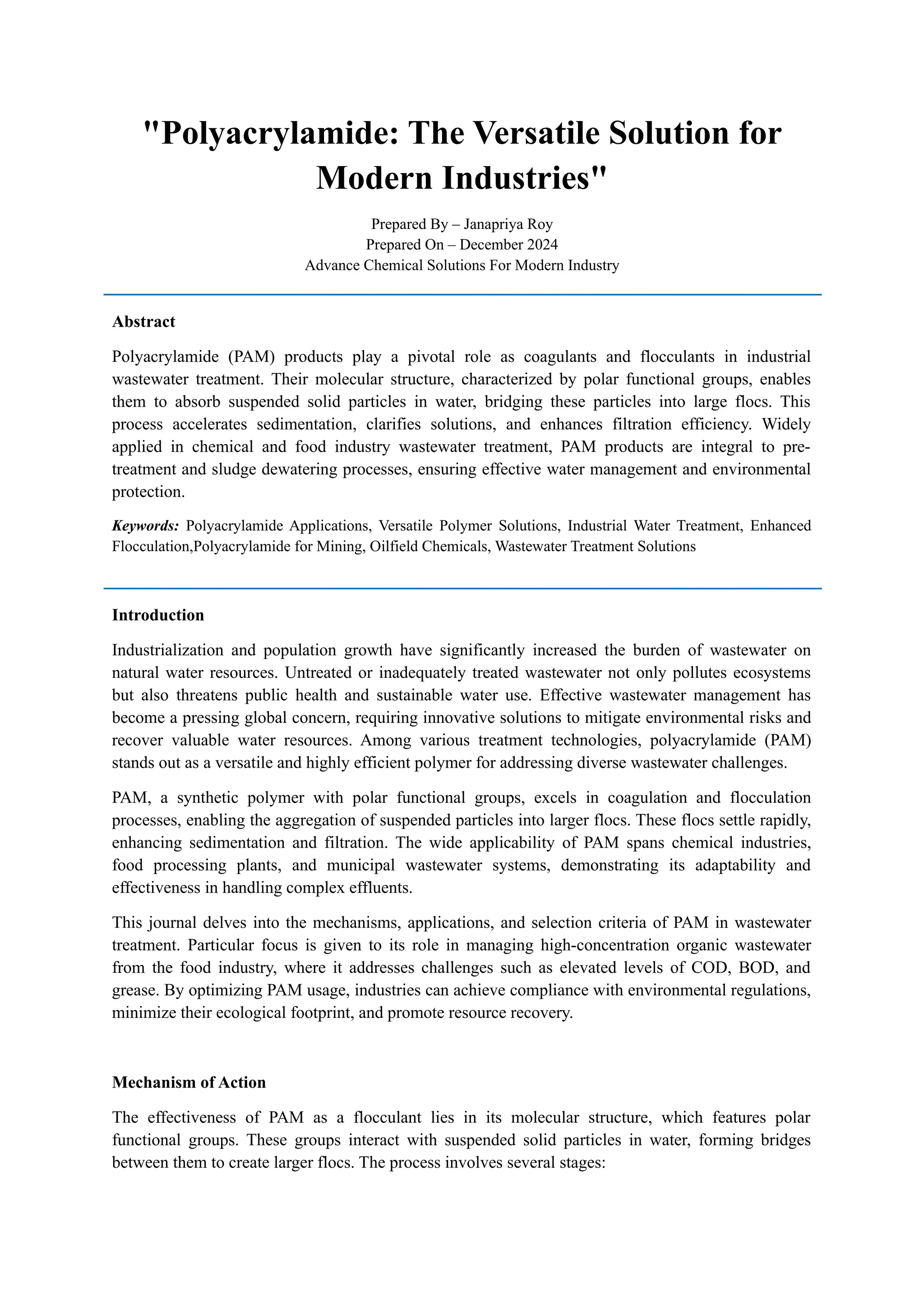 Polyacrylamide: The Versatile Solution for Modern Industries | DOCX