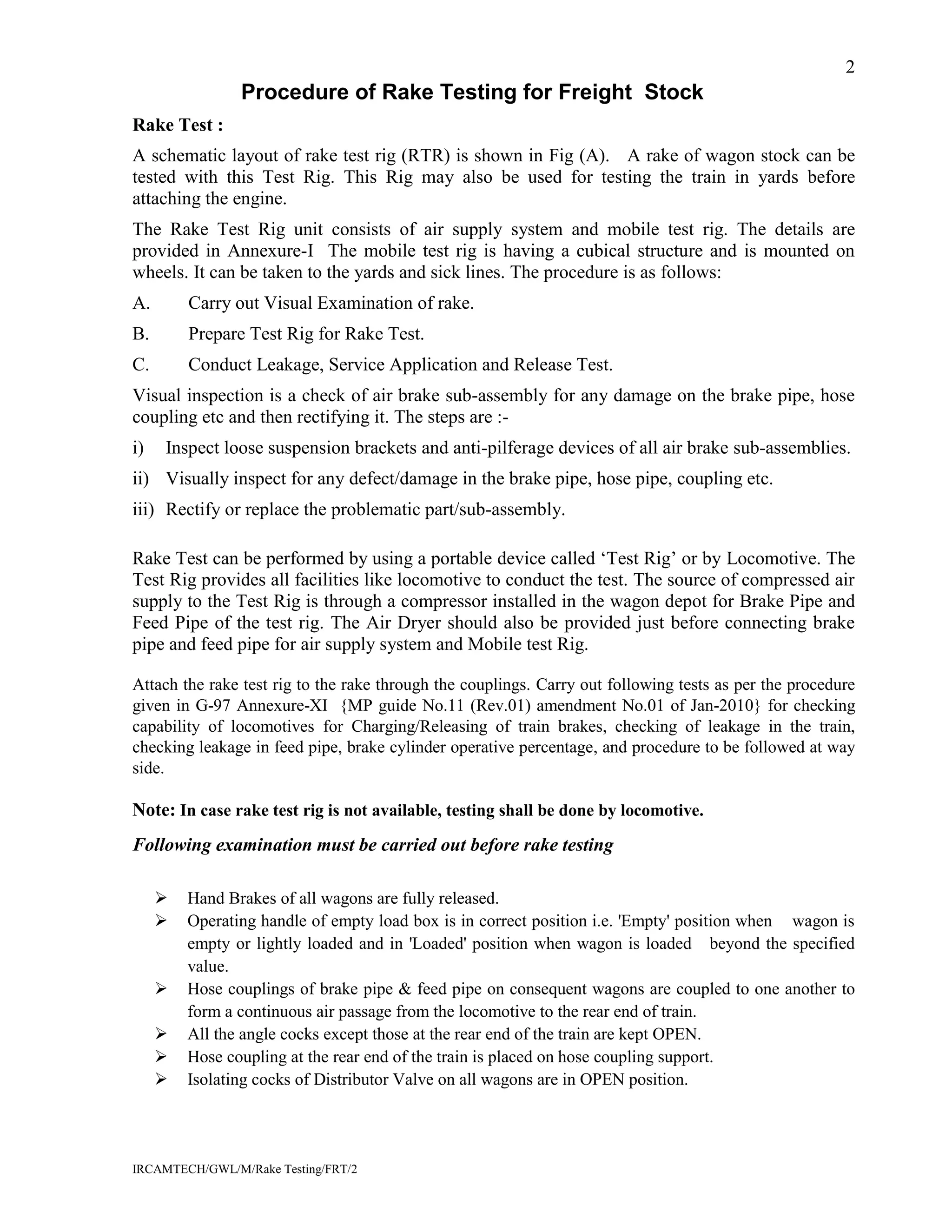 Pamphlet on rake testing procedure for freight stock | PDF