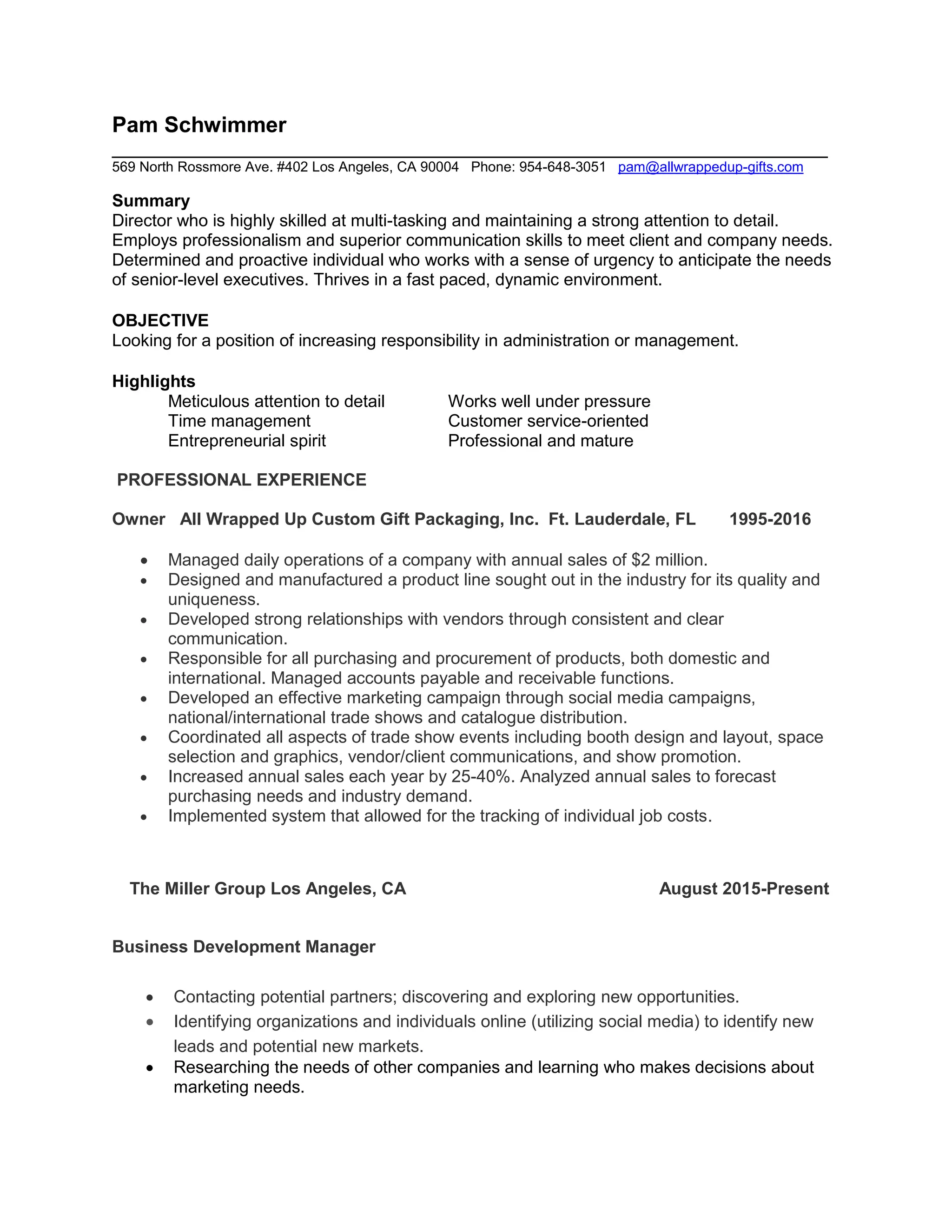 Pam schwimmer resume 2016 | PDF