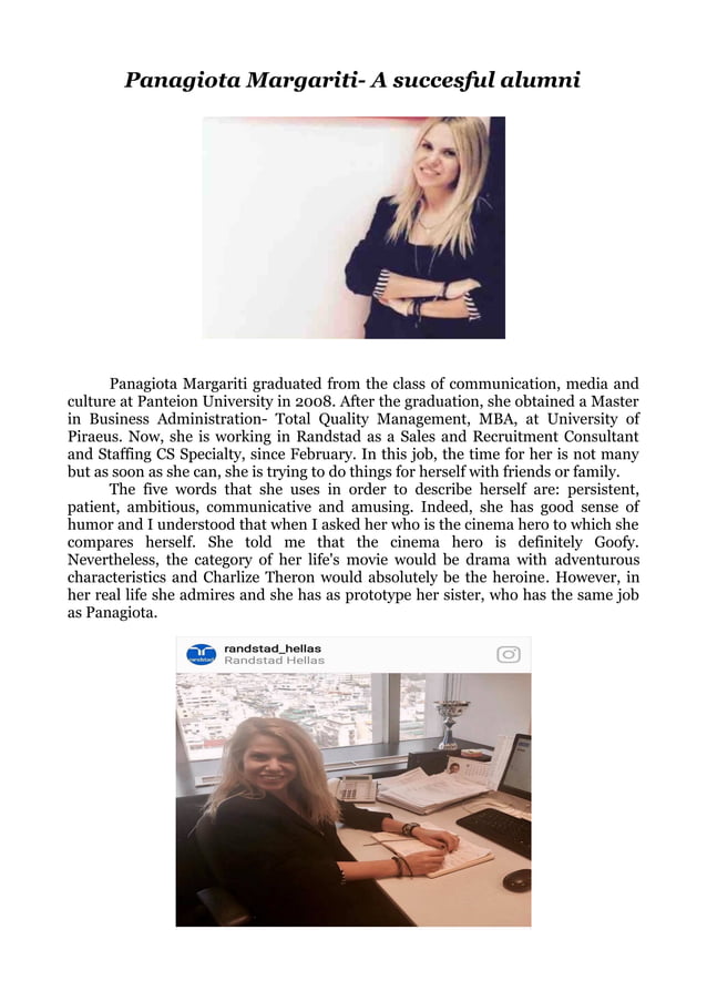 Panagiota Margariti a sucessful allumni- writed by Natalia Karkatseli | PDF