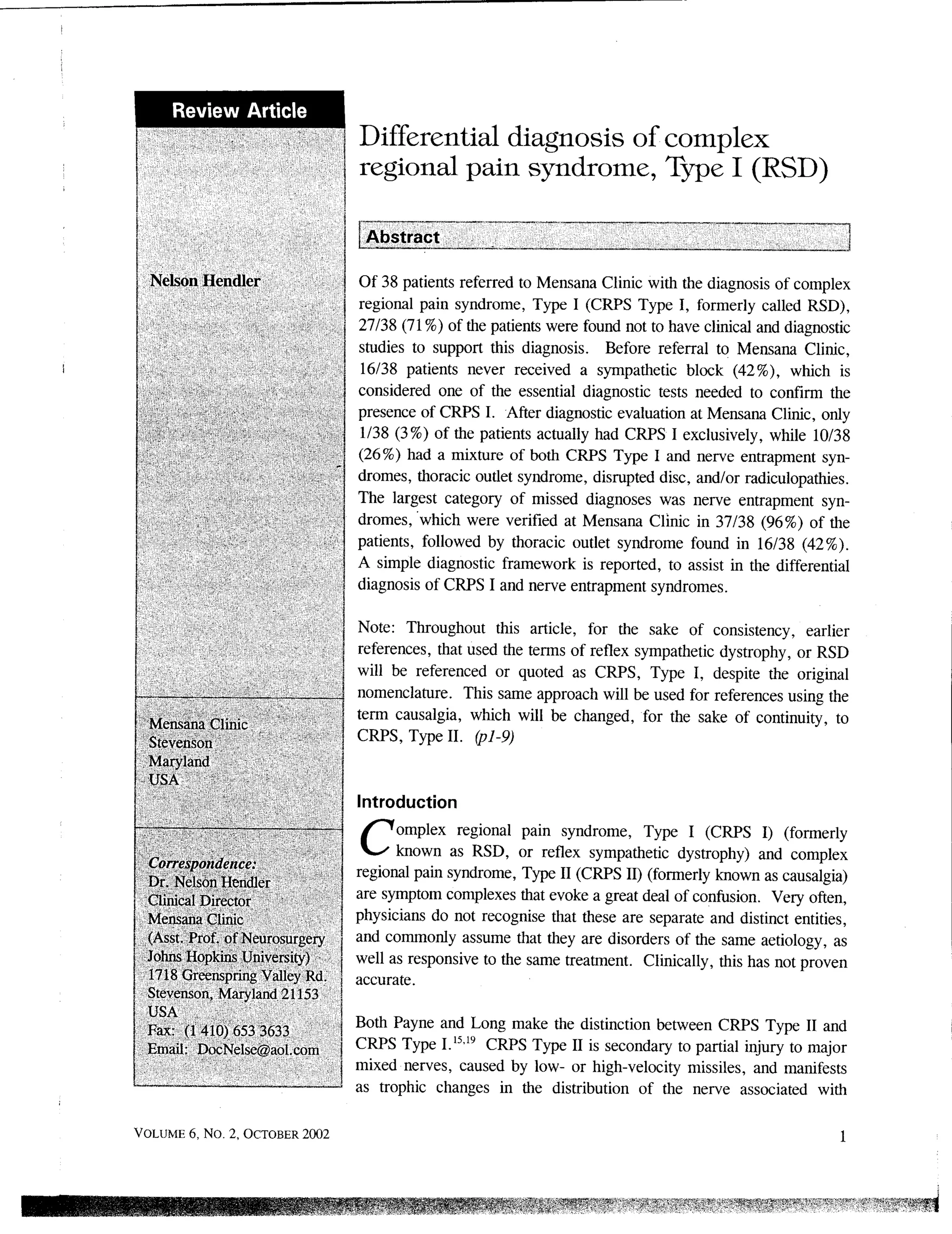Differential Diagnosis of Complex Regional Pain Syndrome (CRPS) | PDF